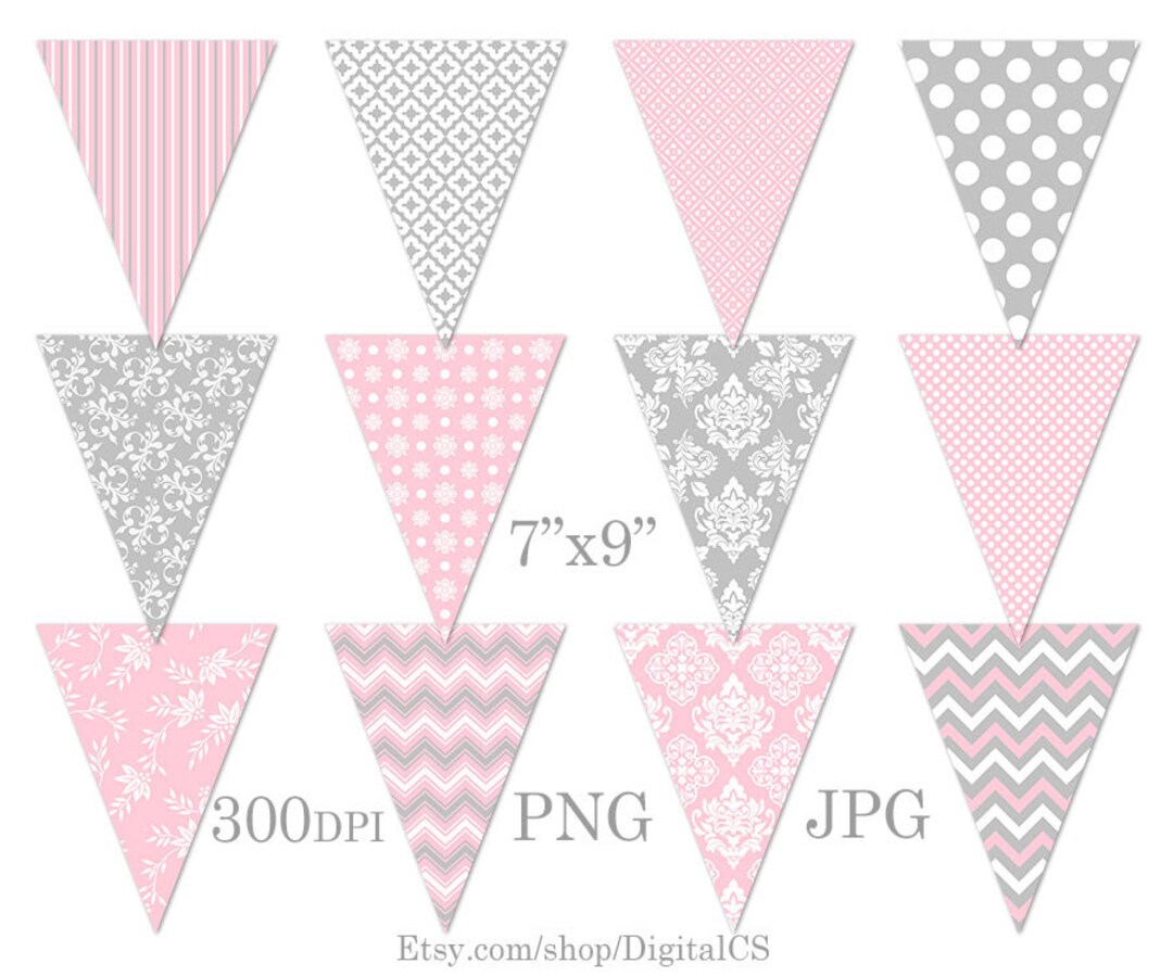 Printable Bunting Banner Clipart Party Printables Pink Grey Baby ...
