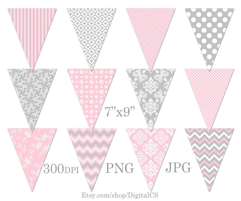 Printable Bunting Banner Clipart Party Printables Pink Grey Baby ...
