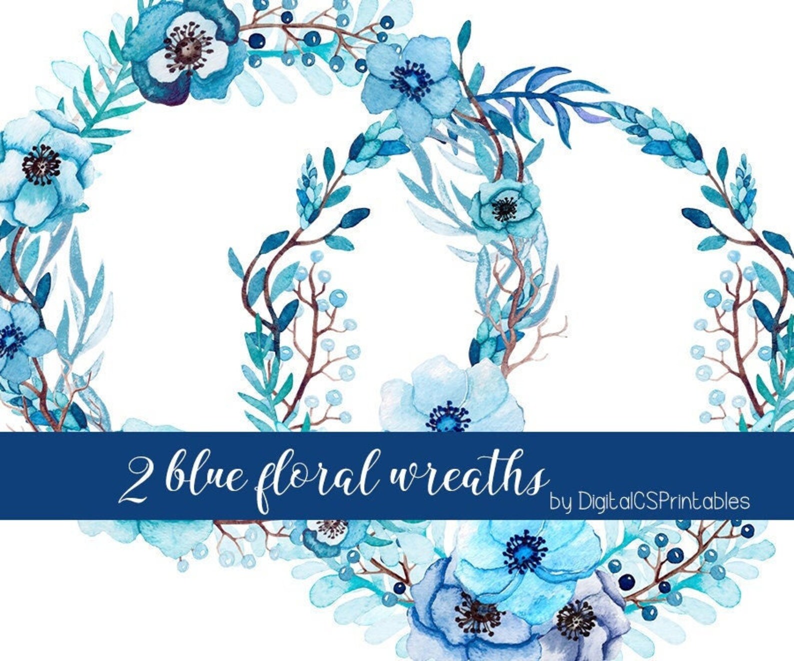 Blue Clipart Wreath Watercolor Clipart Blue Wedding Clipart - Etsy
