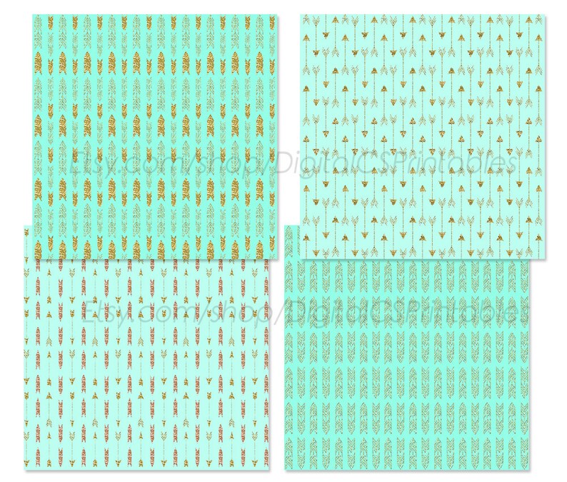 Gold and Mint Arrow Digital Paper Arrow Tribal Digital Paper Gold ...