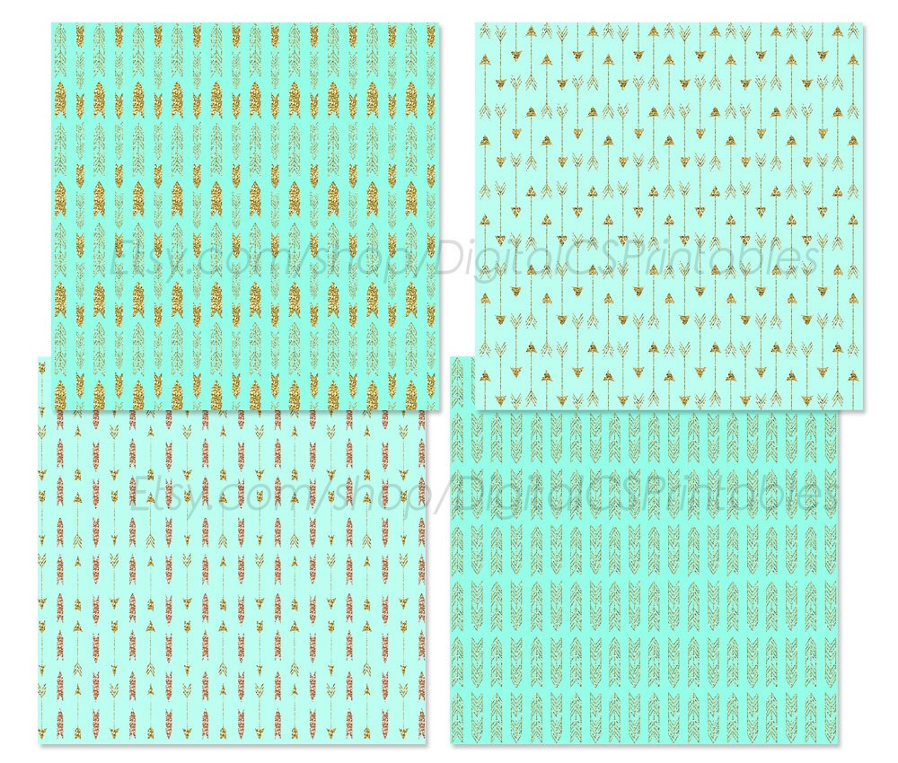 Gold and Mint Arrow Digital Paper Arrow Tribal Digital Paper Gold ...