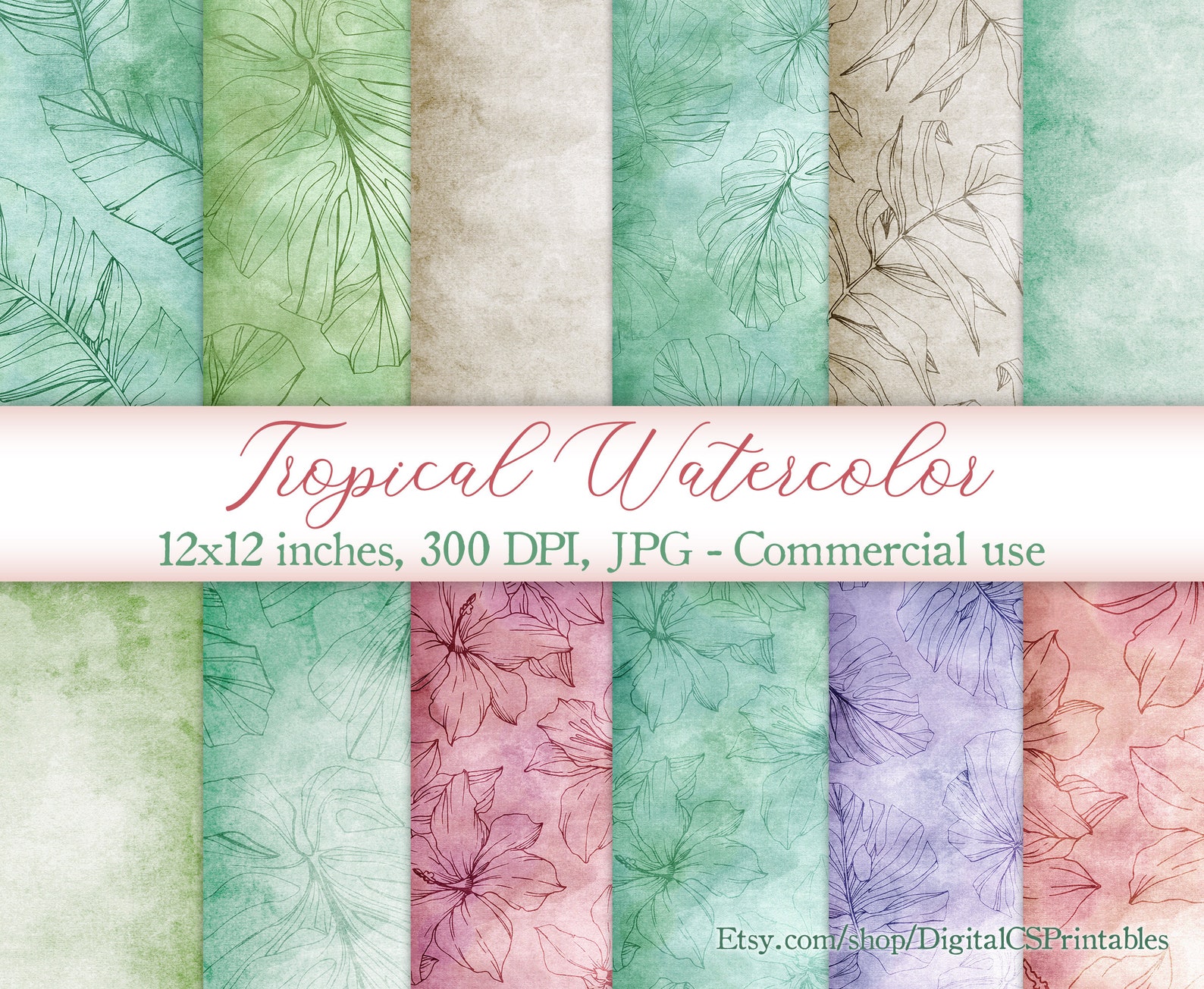 Watercolor Tropical Digital Paper Palm Leaf Pattern Exotic Digital ...