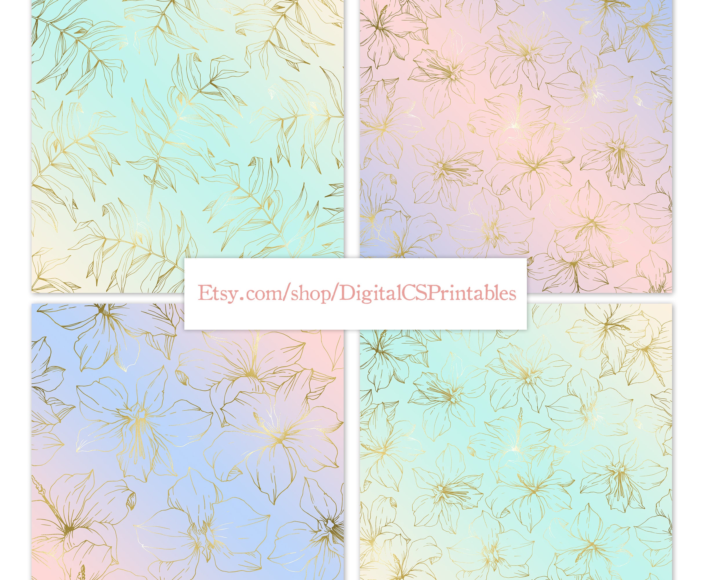 Gold and Pastel Ombre Tropical Digital Paper Blush Pink Palm Leaf ...