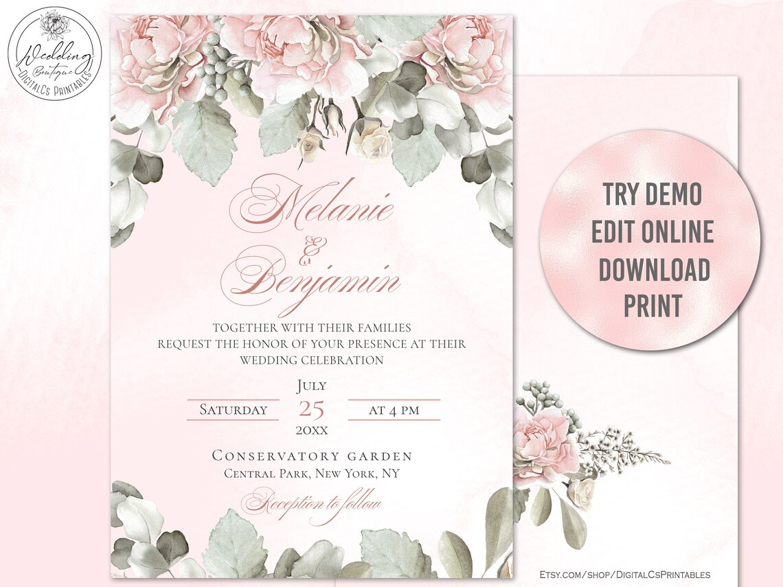 Blush Wedding Invitation Template Download Blush Pink Editable | Etsy