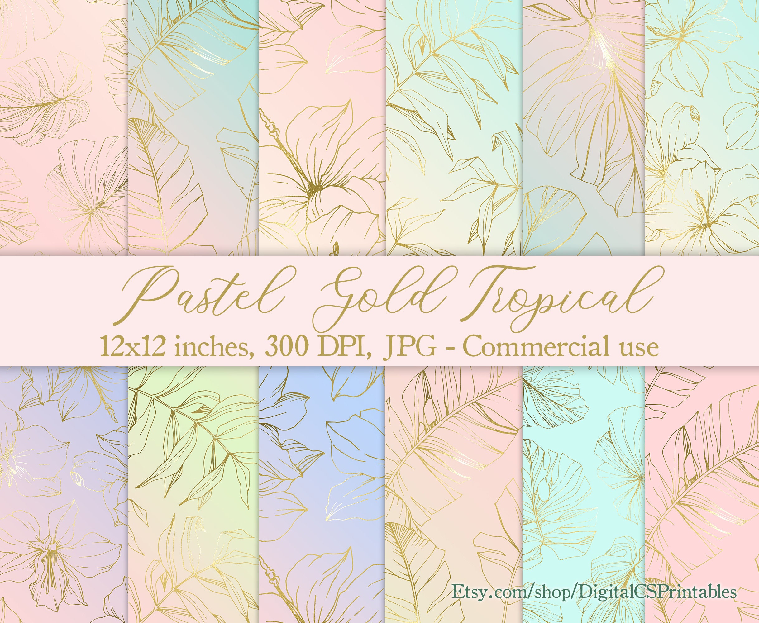 Gold and Pastel Ombre Tropical Digital Paper Blush Pink Palm Leaf ...