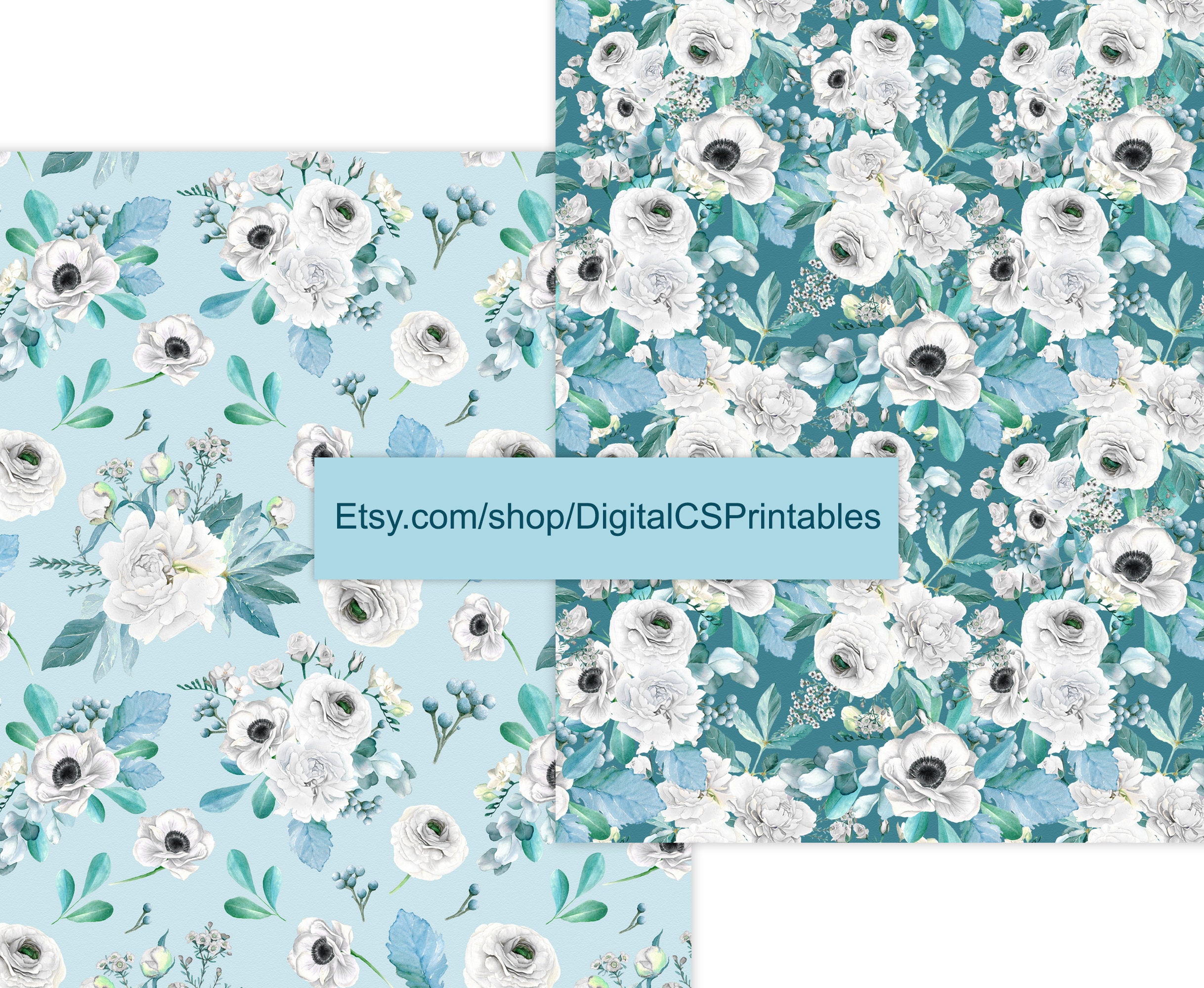 Peony Digital Paper Peonies and Roses Blue Floral Digital Paper Blue ...