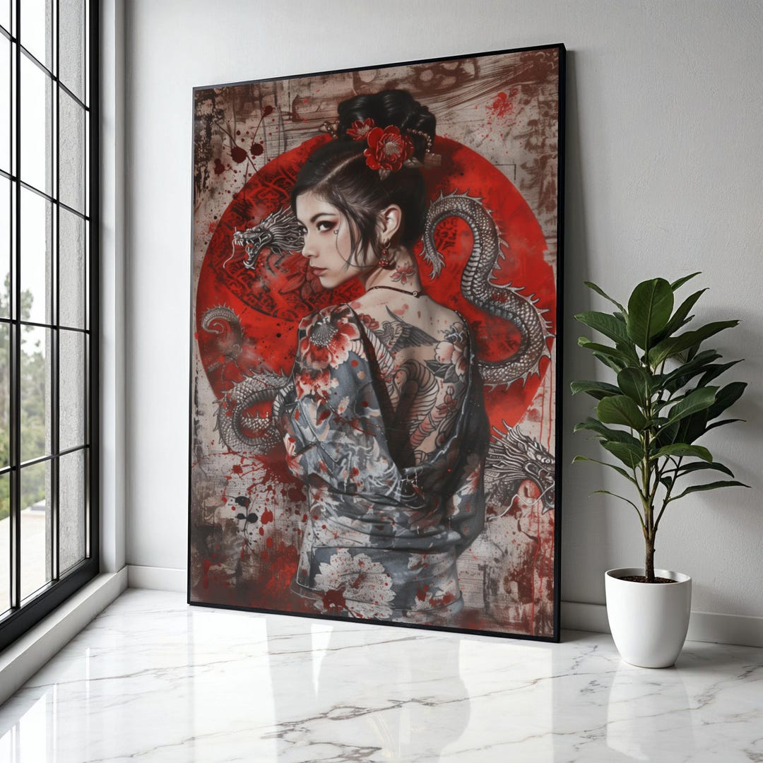 Japanese Geisha With Dragon Tattoo Canvas, Asian Woman Portrait Wall ...