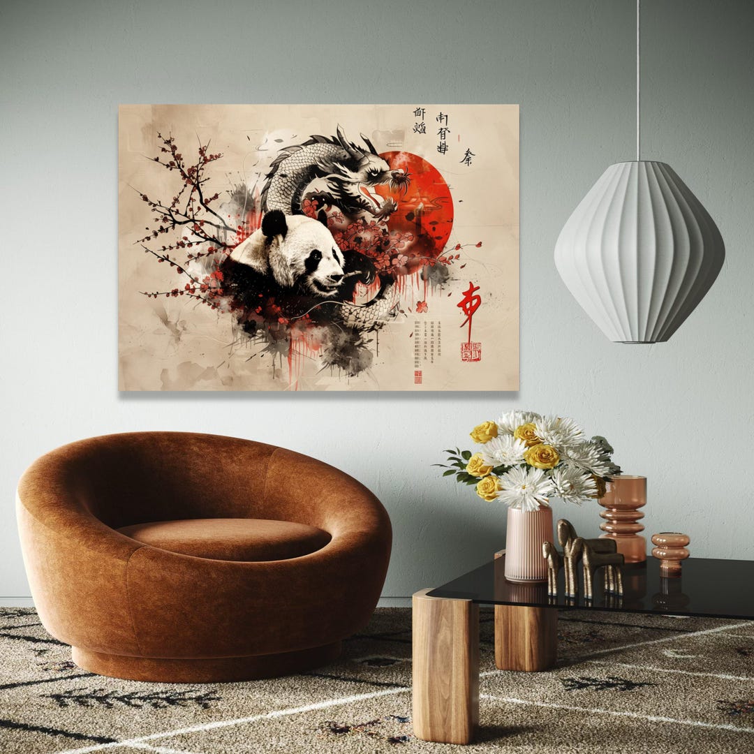 Panda and Dragon Canvas Wall Art, Asian Ink Painting Style, Cherry ...