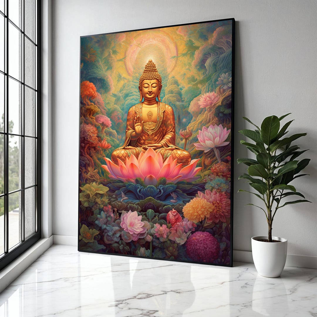黄金の仏陀瞑想キャンバス、蓮の花のスピリチュアルな壁アート、平和な禅の装飾、アジアの神聖なアートプリント、ギフトアート、ホームデコレーション ...