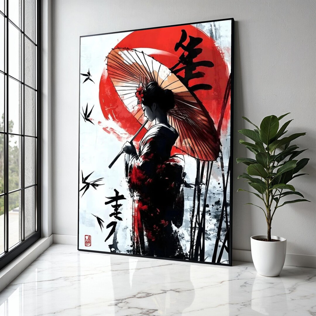 Elegant Japanese Geisha Canvas Wall Art, Traditional Umbrella Painting ...