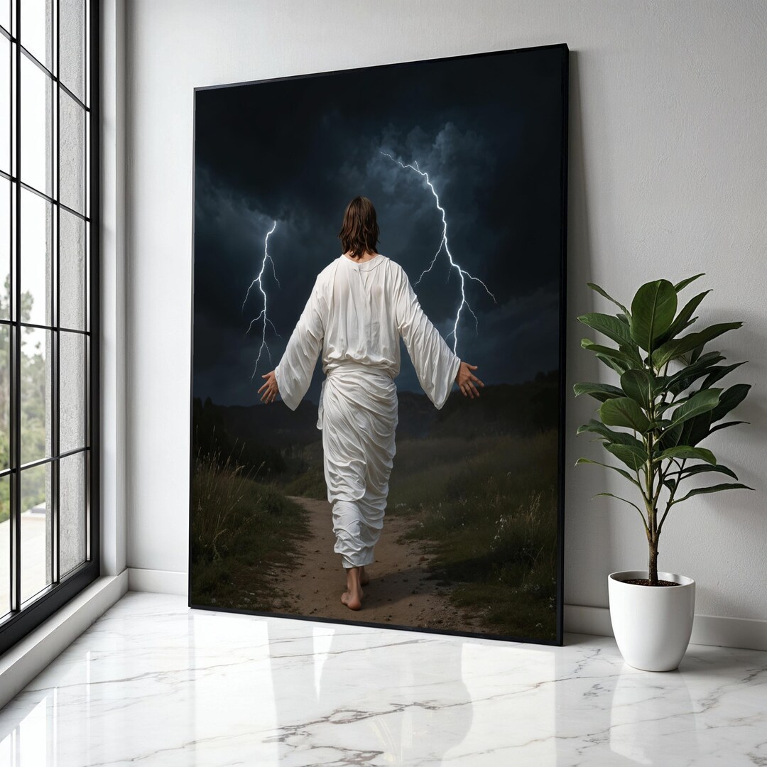 Jesus Walking With Lightning Storm Canvas, Spiritual Christian Wall Art ...