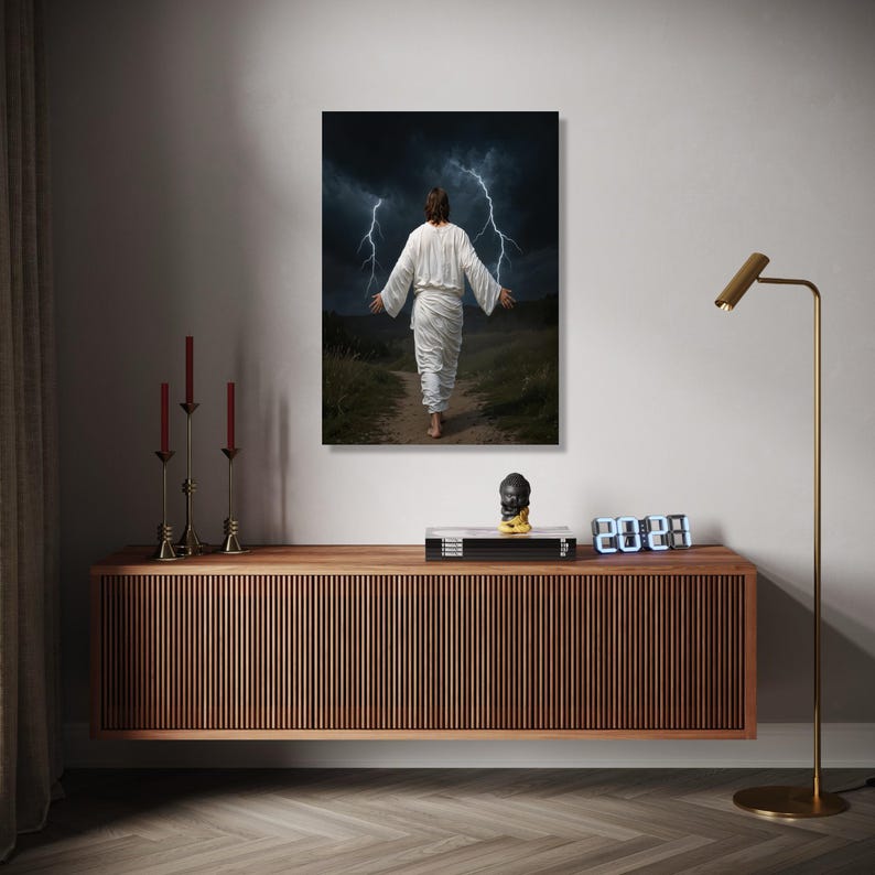 Jesus Walking With Lightning Storm Canvas, Spiritual Christian Wall Art ...