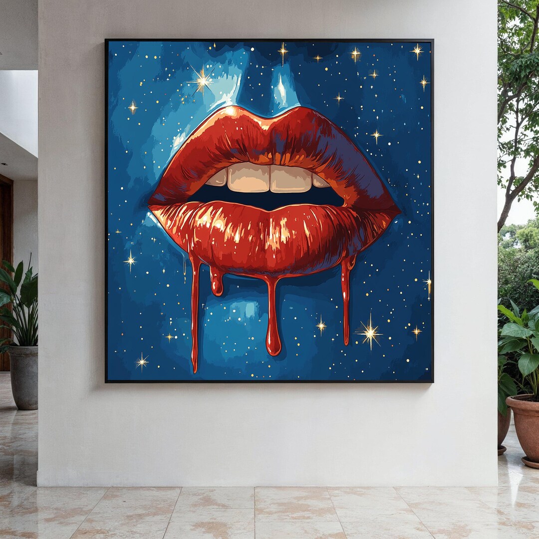 Dripping Red Lips Canvas, Glossy Lip Art, Pop Art Wall Decor, Bold ...