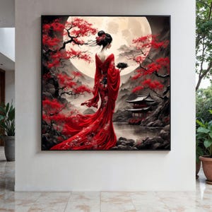 Elegant Geisha in Red Kimono Canvas, Japanese Cherry Blossom Art, Full ...