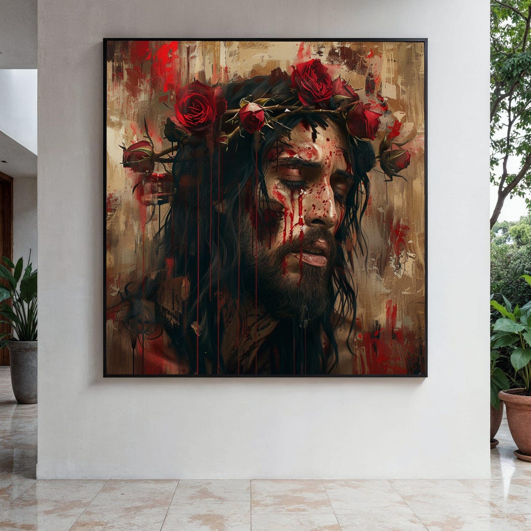Emotional Jesus Portrait Canvas, Crown of Thorns Wall Art, Religious ...