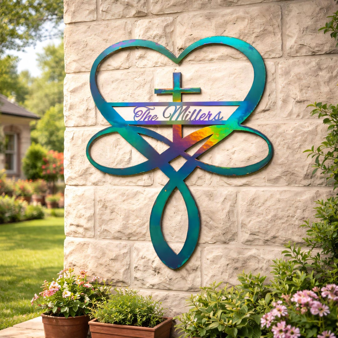 Personalized Infinity Heart Cross Metal Wall Art, Family Name Sign - Etsy
