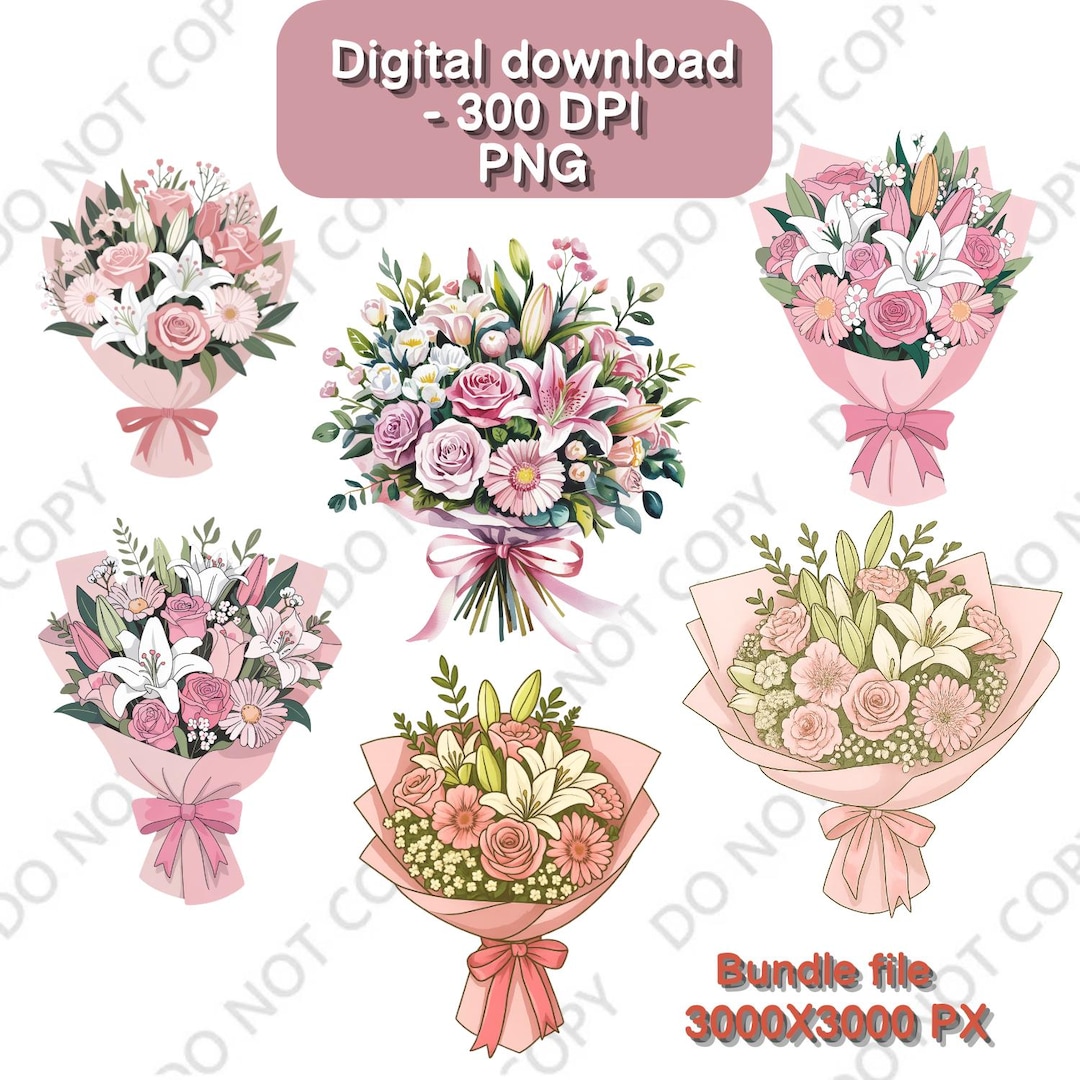 Floral Bouquet Clipart Bundle Pink Flower Illustration PNG Set for ...