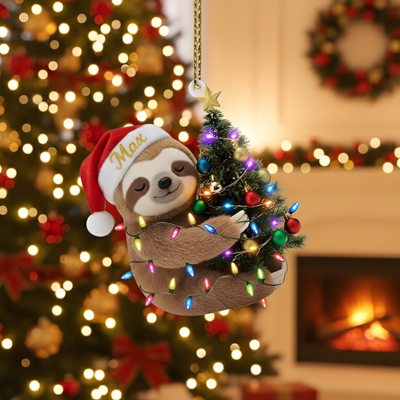 Personalized Sloth Christmas 2D FLAT Ornament: Santa Hat & Xmas Tree - Etsy