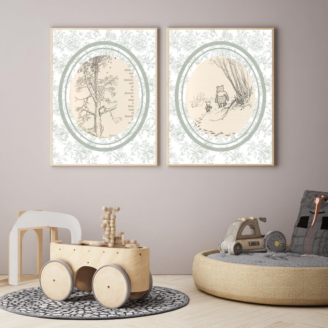 Winnie the Pooh Storybook Posters | Set of Two Sage Green Floral ...