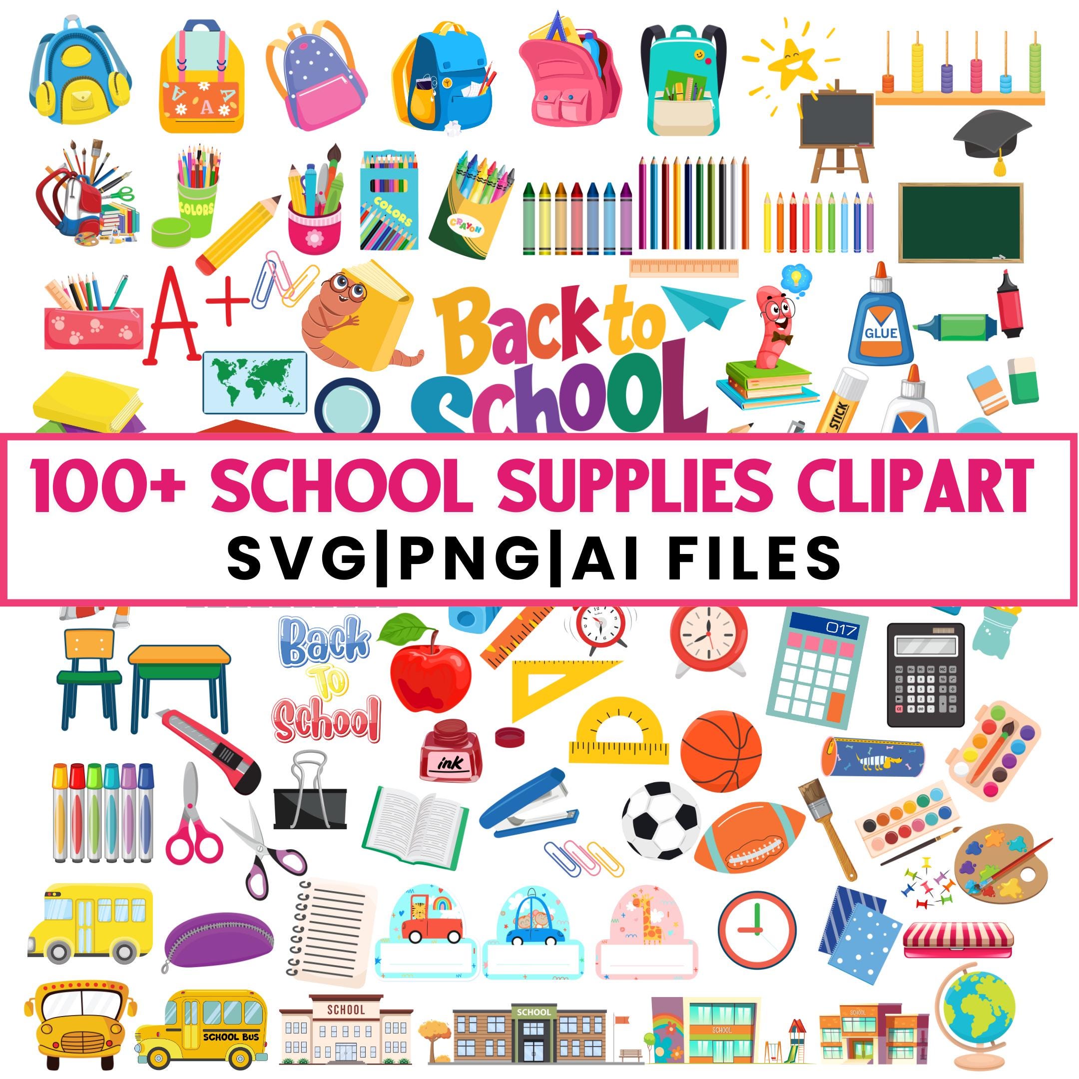 School Supplies Clipart: SVG, PNG Digital Files for Cricut and Canva ...