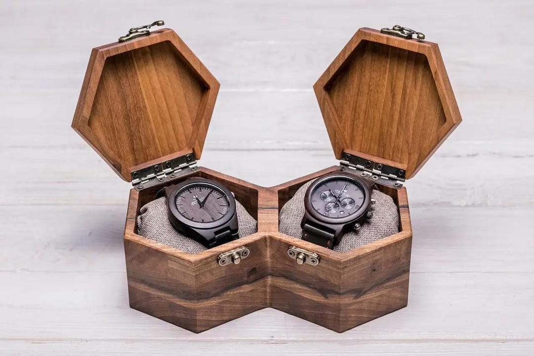 Handcraftedц Double Watch Box – Hexagon Wooden Watch Case With Linen ...