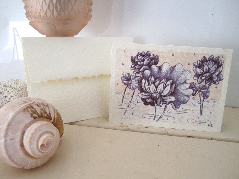 Lotus Flower Note Card Lotus in the Rain Pale Peach Indigo | Etsy