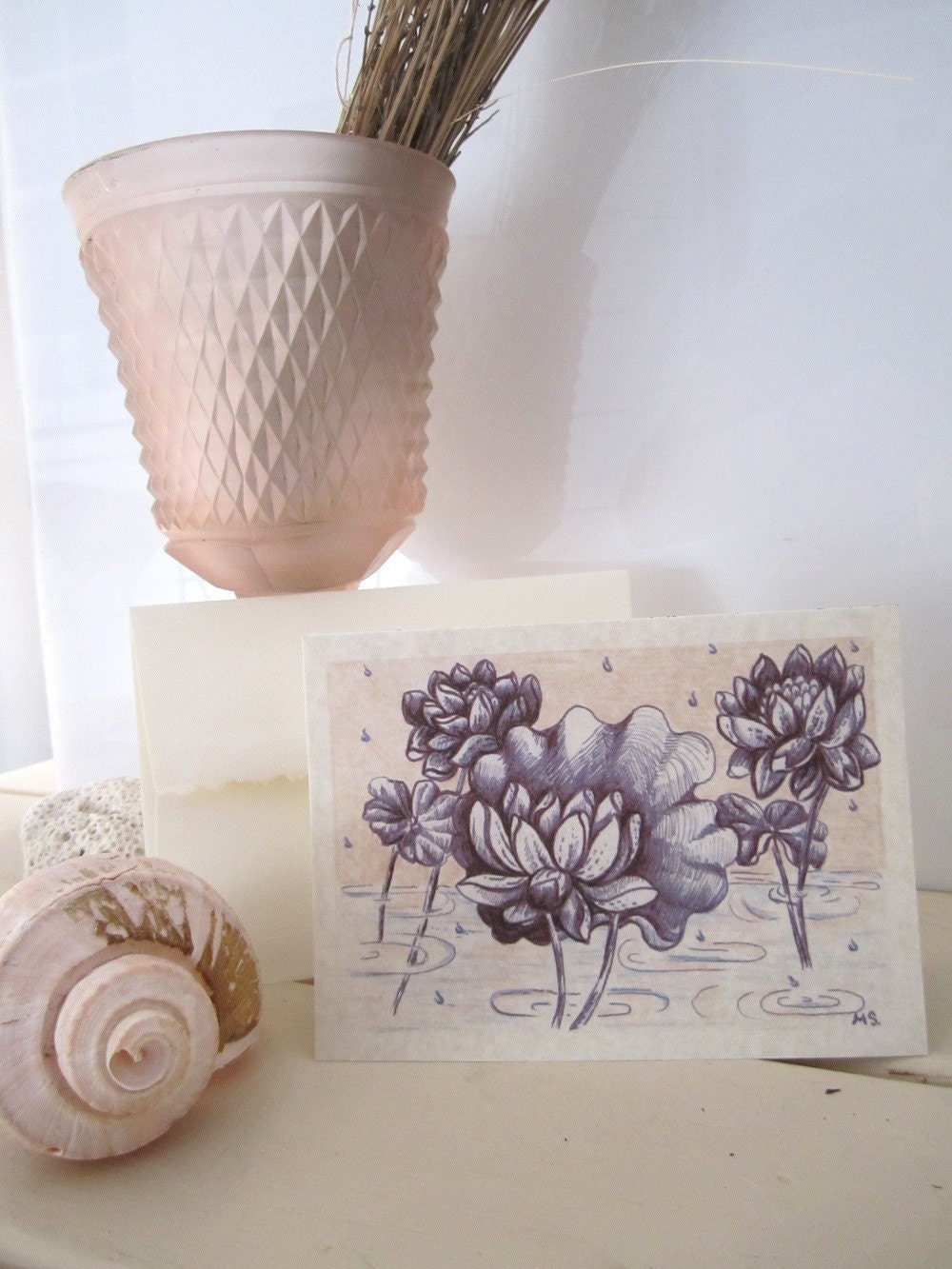 Lotus Flower Note Card -lotus in the Rain - Pale Peach Indigo Rain ...