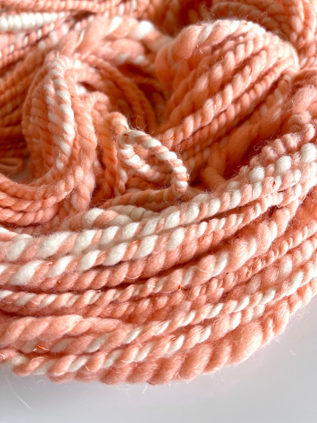 Handspun Peach Yarn, White Coils and Auto Wrapped Speckles, Thick and ...