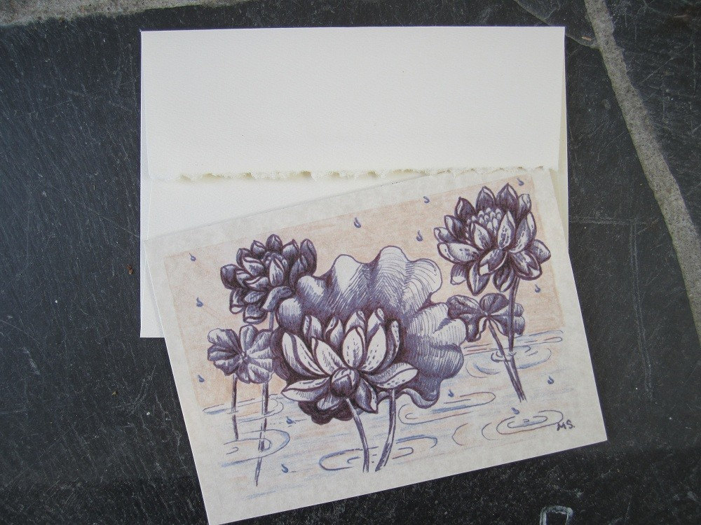 Lotus Flower Note Card -lotus in the Rain - Pale Peach Indigo Rain ...