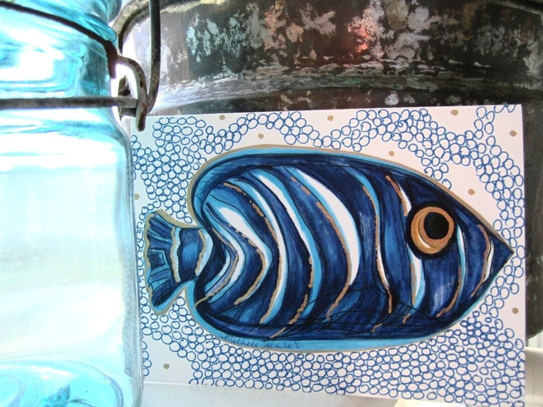 Indigo Fish Art Blue Tropical Wall Decor Striped Fish - Etsy