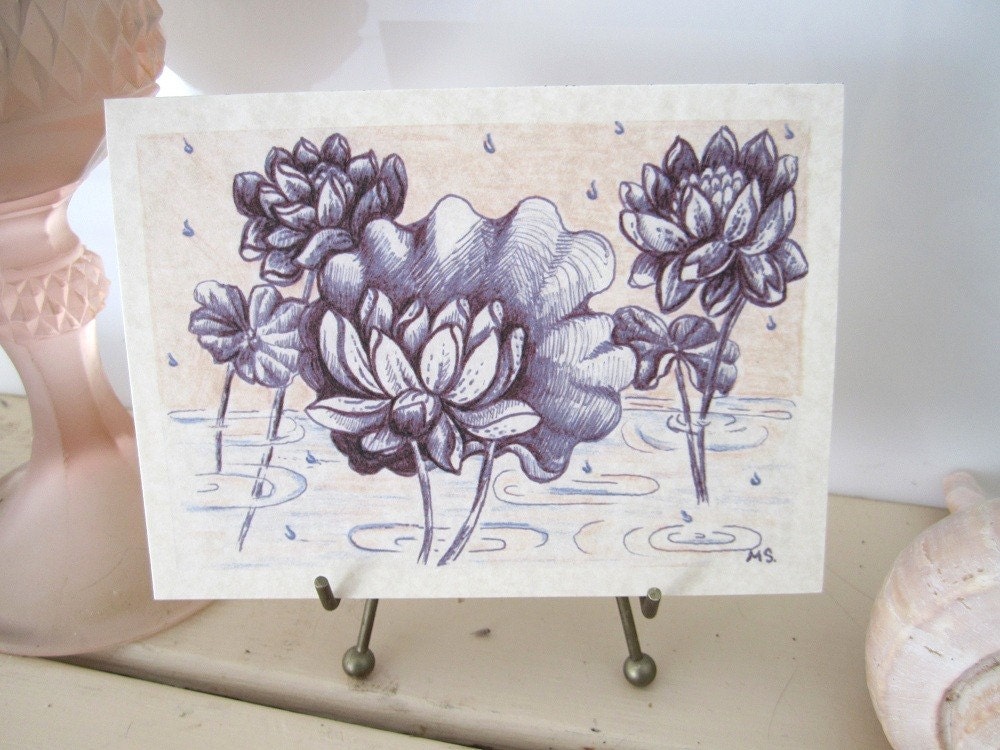 Lotus Flower Note Card Lotus in the Rain Pale Peach Indigo | Etsy