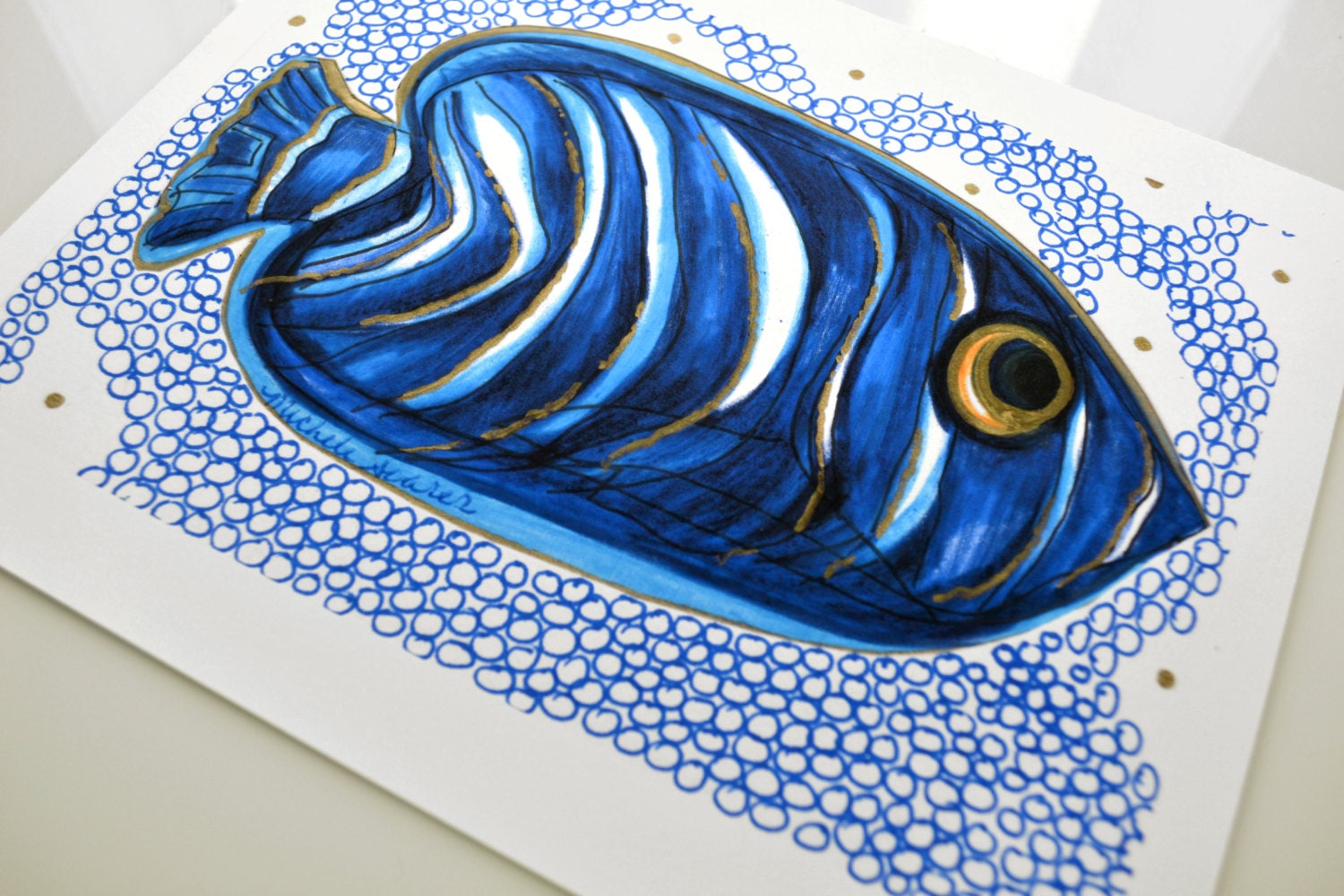 Indigo Fish Art Blue Tropical Wall Decor Striped Fish | Etsy