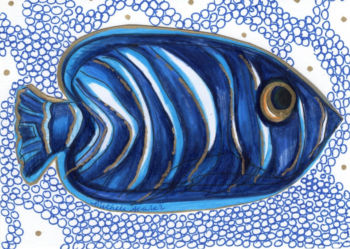 Indigo Fish Art Blue Tropical Wall Decor Striped Fish - Etsy