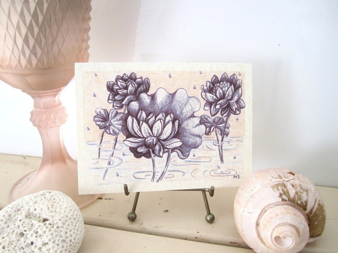 Lotus Flower Note Card -lotus in the Rain - Pale Peach Indigo Rain ...