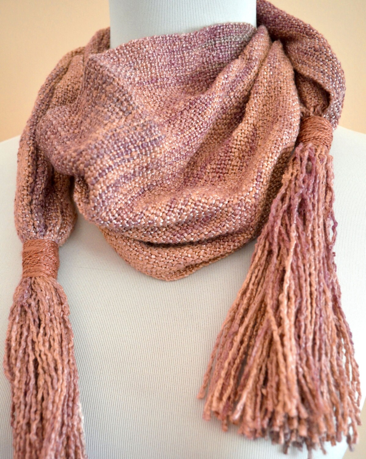 Dusty Rose Tassel Scarf, Handwoven, Hand Dyed, Ikat, Mauve Scarf, Rayon ...