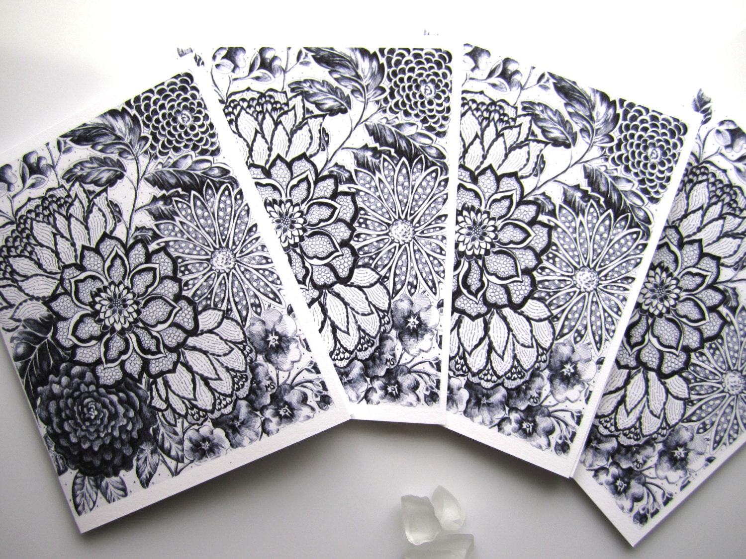 Black and White Floral Cards - "black Lace" Ink Drawing Printed Art ...