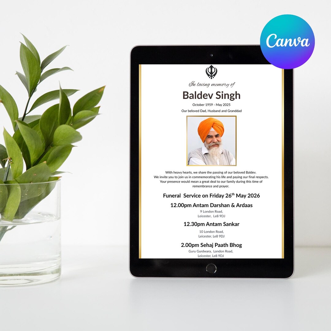 Editable Sikh Funeral Program Template: Punjabi Obituary (digital ...