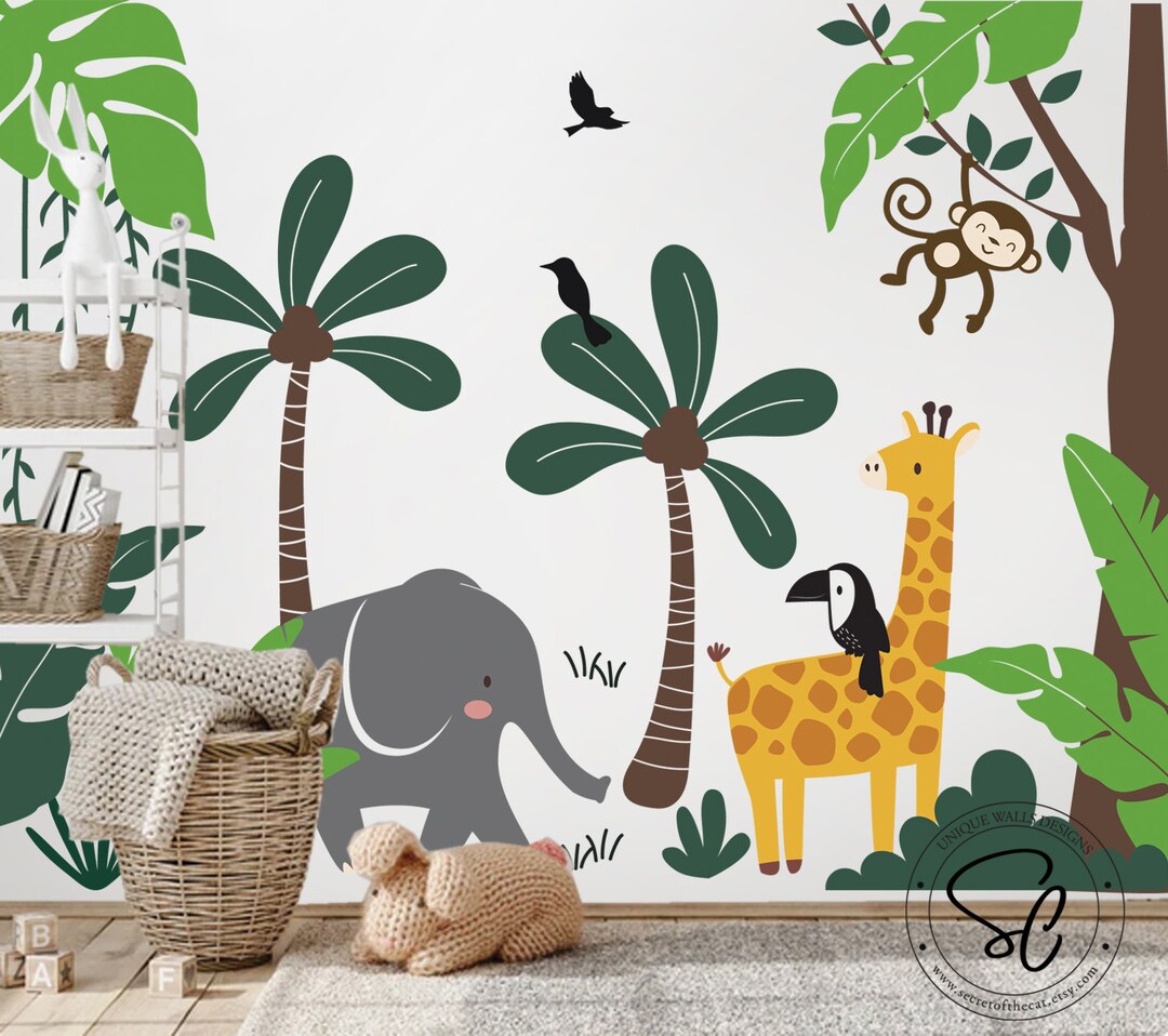 Jungle Wall Sticker- Jungle Landscape With Animals- Jungle Wall Decal ...