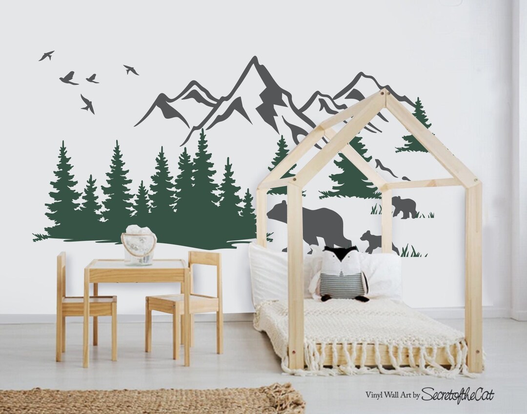 Mountain Wall Sticker- Mountain Landscape With Bears- Mountain Wall ...