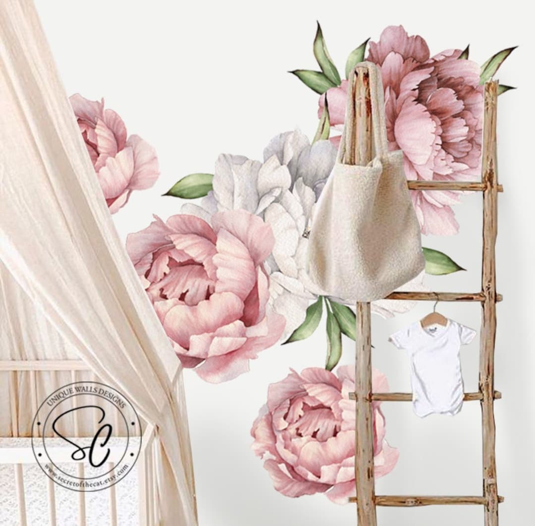 Peony Wall Decal, Pink Flowers Wall Stickers, Peel and Stick Flowers ...