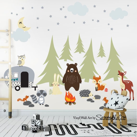 Woodland Campfire Wall Decal Forest Animals With Pinetrees | Etsy