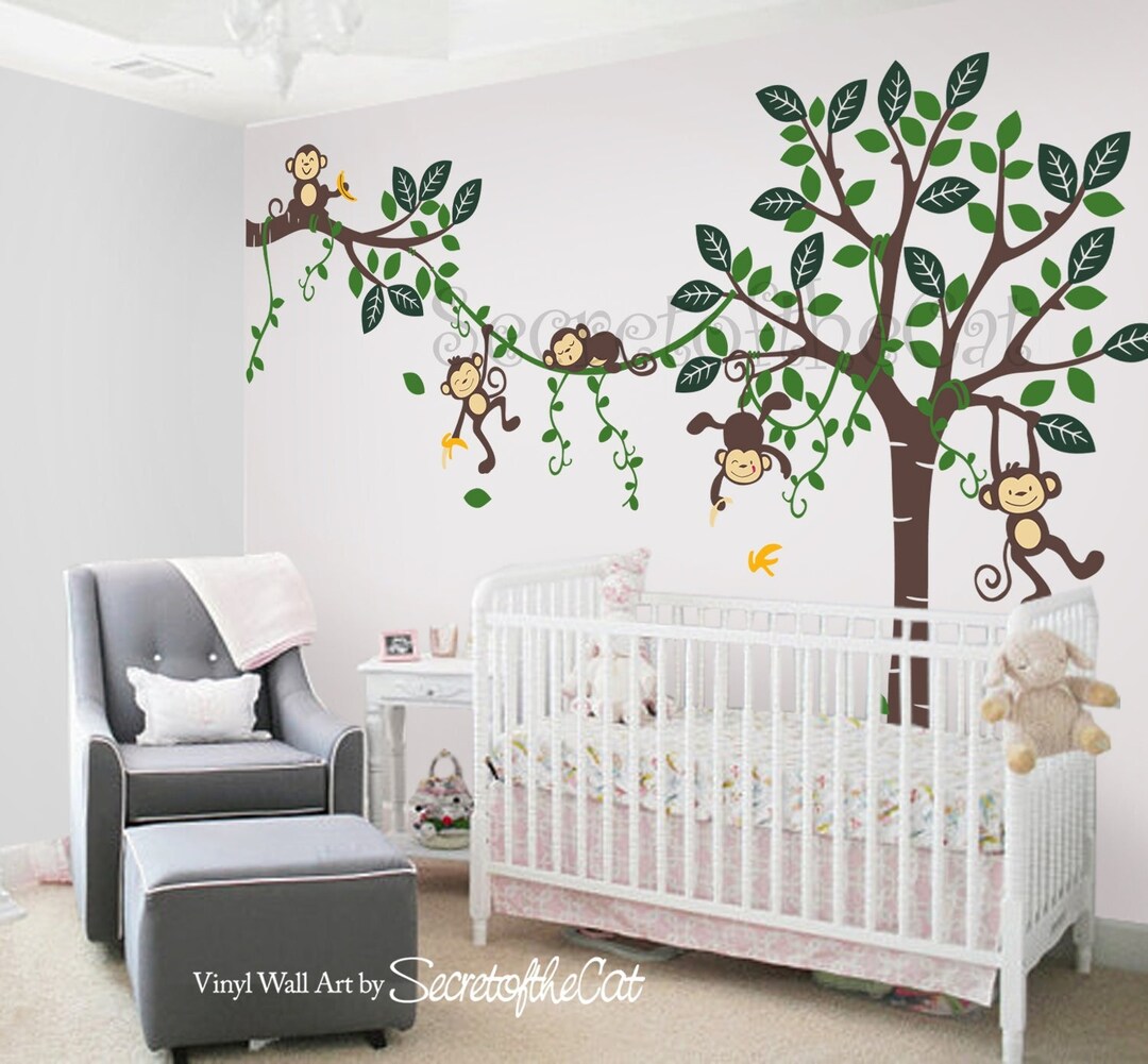Nursery Wall Decal-wall Decal Nursery - Tree With Monkeys - Baby Tree ...