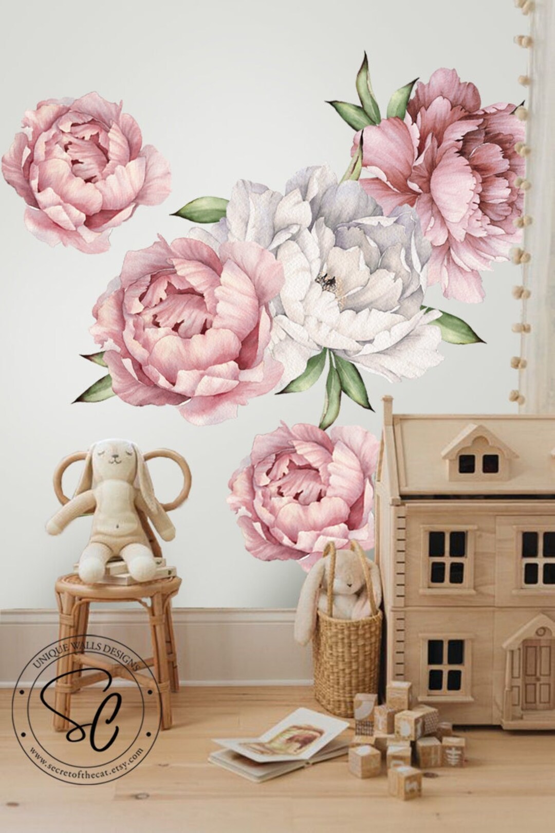 Peony Wall Decal, Pink Flowers Wall Stickers, Peel and Stick Flowers ...