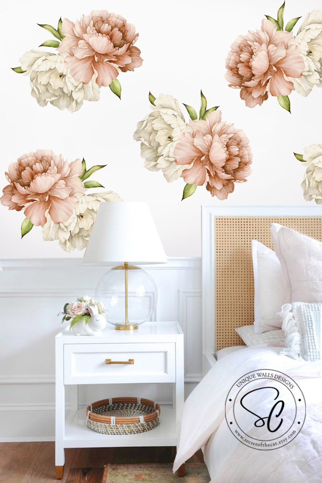 Peony Wall Decal, Pink Flowers Wall Stickers, Peel and Stick Flowers ...