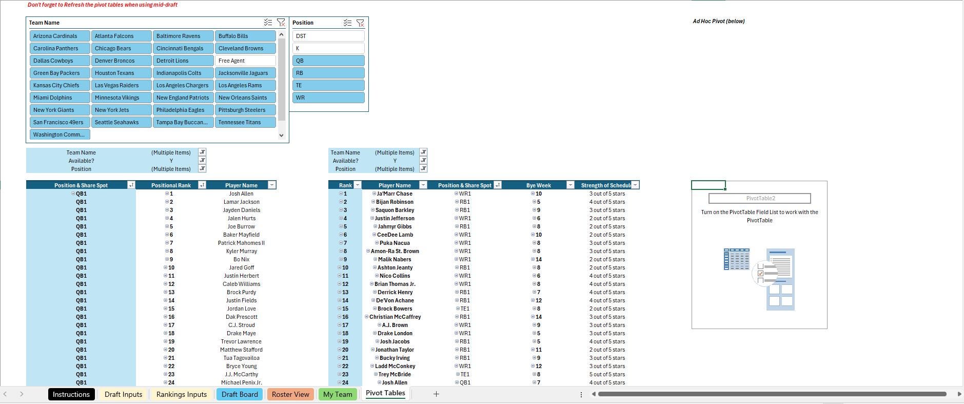 2026 and Beyond | Fantasy Football Draft Board & Analyzer Excel ...