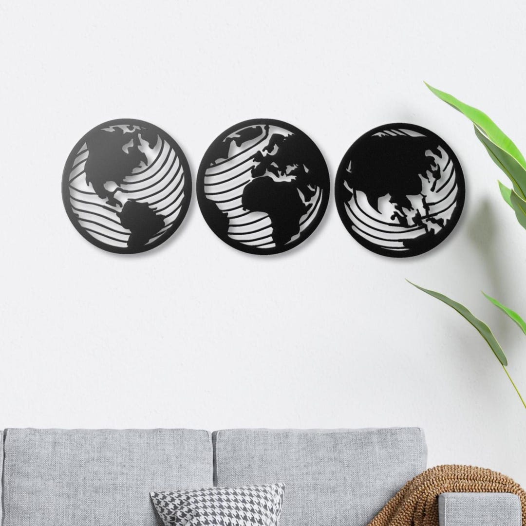 3 Piece World Map Metal Wall Art, Triptych Globe Wall Decor, Travel ...