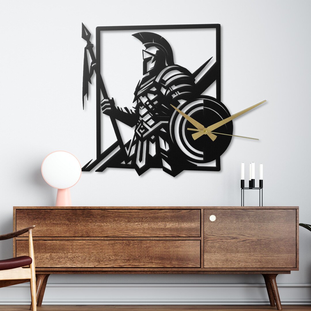 Spartan Wall Clock Metal Art, Warrior With Spear Shield Ancient Greek ...