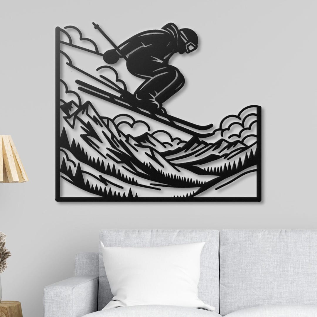 Skier Metal Wall Art, Mountain Range Decor, Ski Lodge Sign, Winter ...