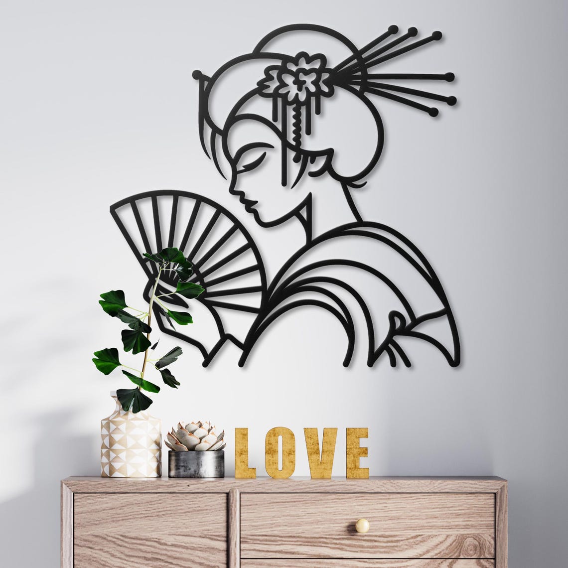 Geisha Metal Wall Art: Japanese Zen Line Art, Japandi Wall Decor - Etsy