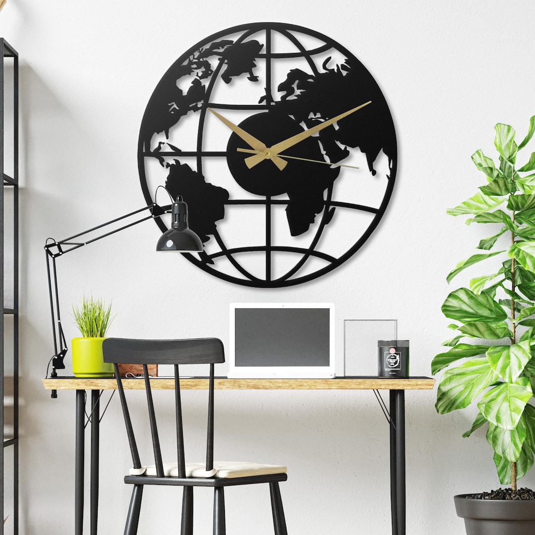 World Map Wall Clock Metal Art, Globe Decor Travel Lover Gift Office ...